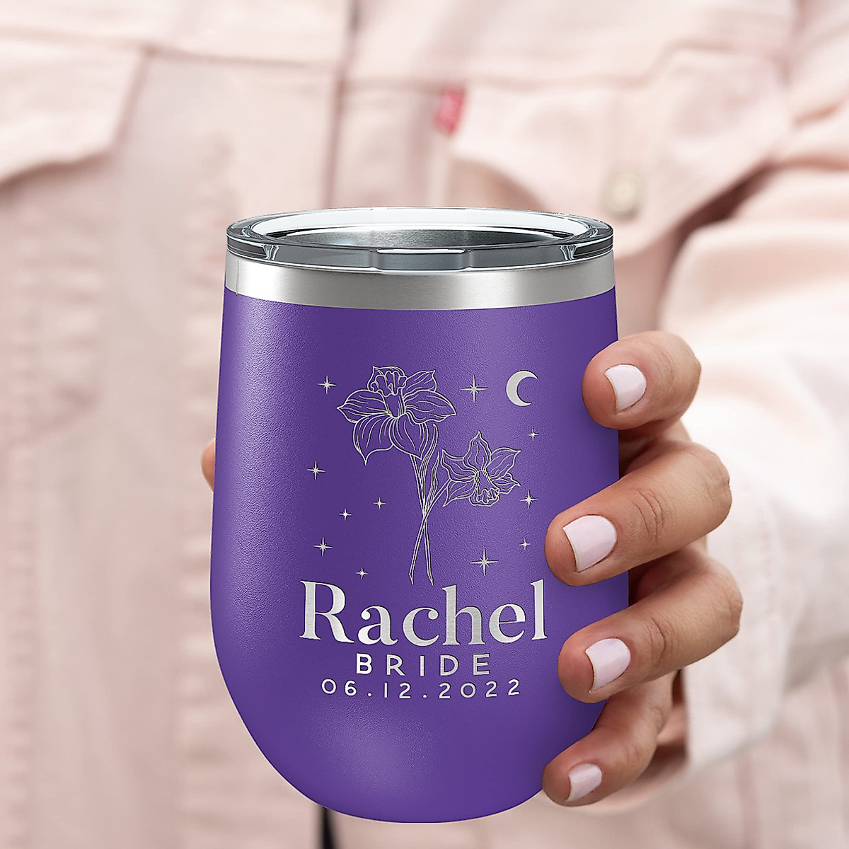 UNITED CRAFT SUPPLIES Personalized Bridesmaid Wine Tumbler W/Name & Title, Bridesmaid Gifts, 10 Colors 12 Birth Flower, Engraved Stemless Wine Tumbler W/Lid, Bridesmaid Proposal Gifts