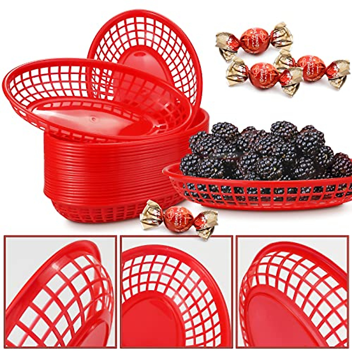 GothaBach 24 Pack Fast Food Baskets, Plastic Fast Food Restaurant Baskets, Bread Fry Baskets Serving Tray for Hot Dogs, Chicken, Burgers, Sandwiches, Fries (Red)