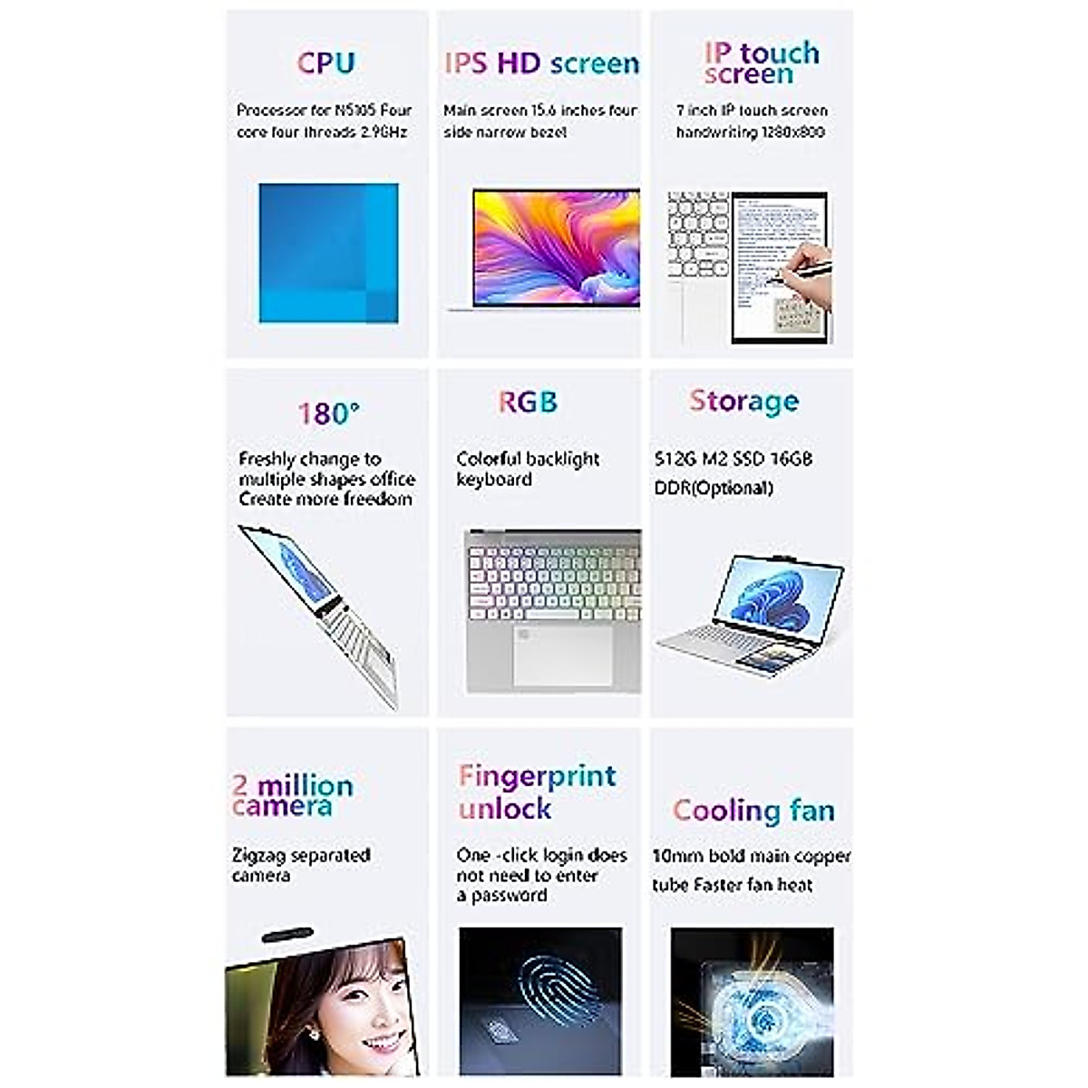 Bewinner HD Laptop, 2.4G 5G Dual Band WiFi 1280x800 7 Inch IPS Dual Screen Touch Screen Laptop Fingerprint Unlock 100-240V for Windows 11 for Classes (16GB+256GB US Plug)