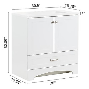 Spring Mill Cabinets Emlyn 30 Inch Bathroom Vanity with White Single Sink Top, 2-Door Cabinet, 1 Drawer, 30.5" W x 18.75" D x 32.89" H, White