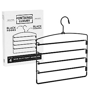 Fontaines Luxury 5 Tier Pants Hangers 4 Pack - Ultra Slim & Space Saving - Heavy Duty Metal Swivel Hook with Swing Arm for Clothing, Jeans, Slacks, Skirts, Leggings & Dress Pant Closet Organization