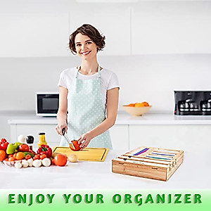 IDMOWN Ziplock Bag Organizer, Foil And Plastic Wrap Organizer, 6 In 1 Kitchen Drawer Organizer Compatible With Gallon Quart Sandwich Snacks, Wrap Dispenser With Cutter, Cutting Board and Washing Brush