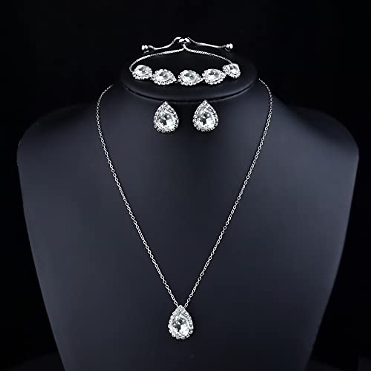 LOYALLOOK Bridal Rhinestone Teardrop Statement Necklace Bracelets and Dangle Earrings Jewerry Sets for Proms Weddings