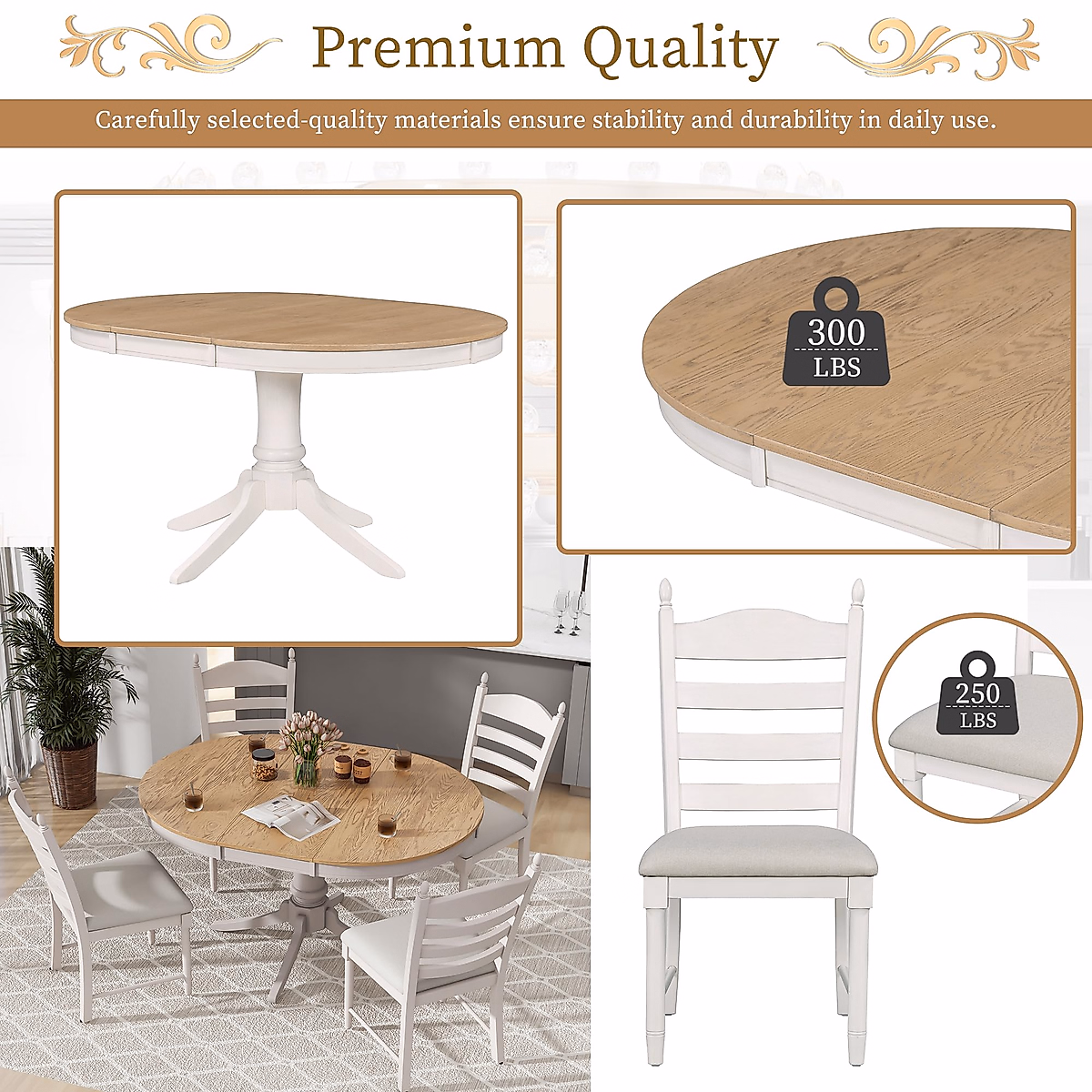 Bellemave Round Dining Room Table Set Extendable Dining Table Set for 4-6 Farmhouse Circle 5 Piece Kitchen Table and Chairs Wood Dinner Table Set for 4, Off White