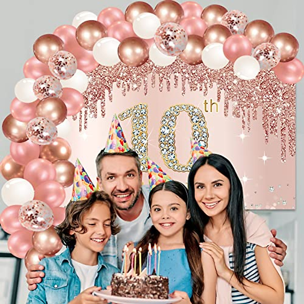 Happy 10th Birthday Banner Backdrop Decorations with Confetti Balloon Garland Arch, Rose Gold 10 Birthday Banner Balloon Set for Girls, Pink 10 Year Old Bday Poster Photo Booth Decor