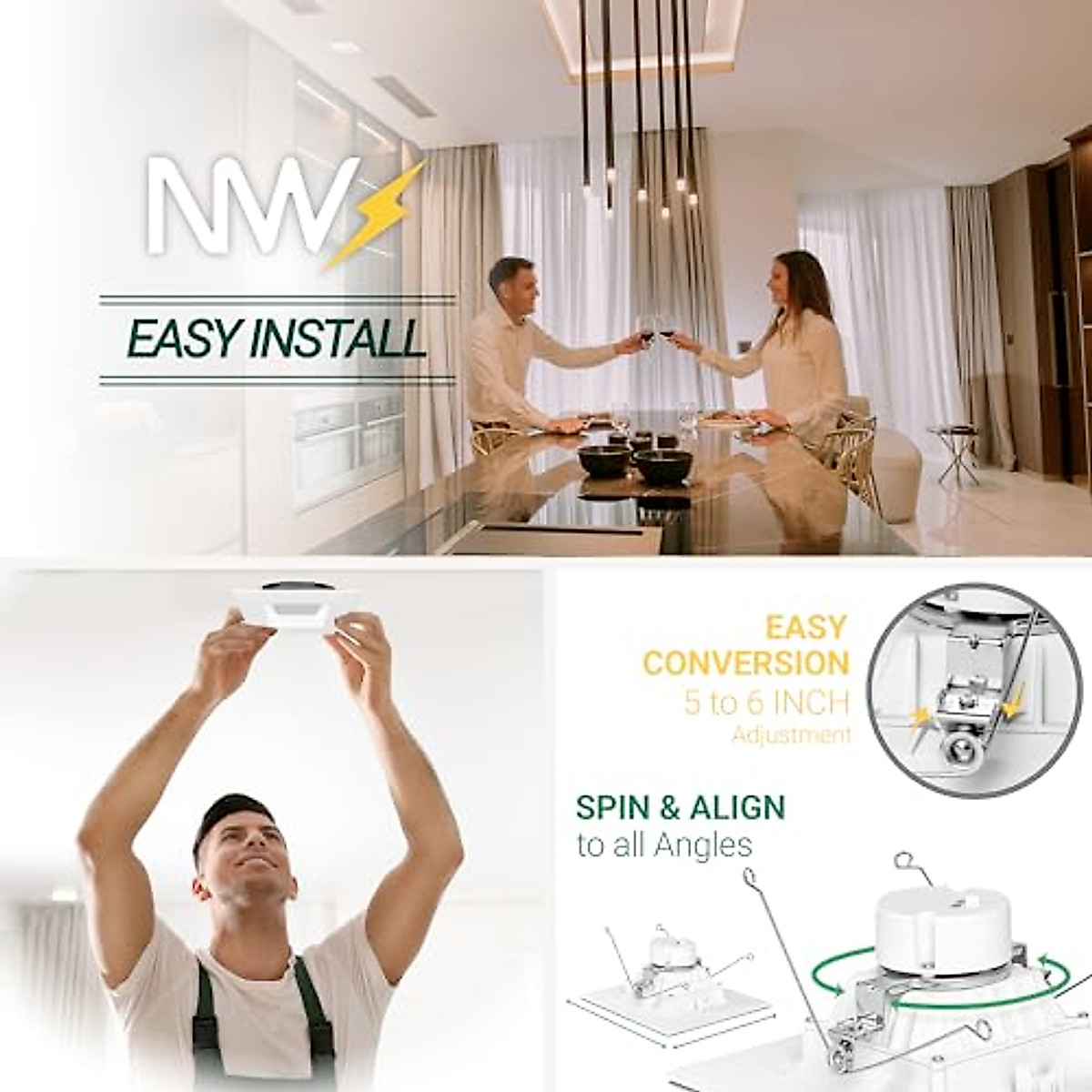 NUWATT 4 Pack, 5/6 Inch Retrofit LED Square Recessed Lighting, 5CCT 2700K/3000K/3500K/4000K/5000K Selectable, 1100 Lumens 14W, Dimmable 5/6" Square Downlight, 6in Square Can Light, Wet Rated, ETL, T24