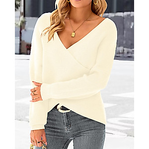 KIRUNDO 2024 Fall Winter Women's Long Sleeve Cross Wrap V Neck Knit Sweater Off Shoulder Backless Casual Pullover Tops(Apricot, Small)