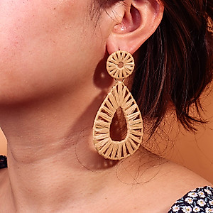 Boho Raffia Earrings Statement Teardrop Earrings Drop Dangle Bohemian Earrings for Women Cute Handmade Earring(Wheat)