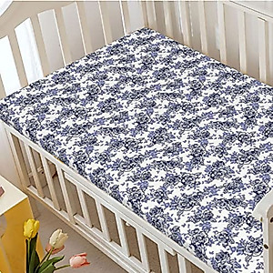 Rose Themed Fitted Crib Sheet,Standard Crib Mattress Fitted Sheet Ultra Soft Material-Baby Sheet for Boys Girls,28“ x52“,Ceil Blue Indigo and White