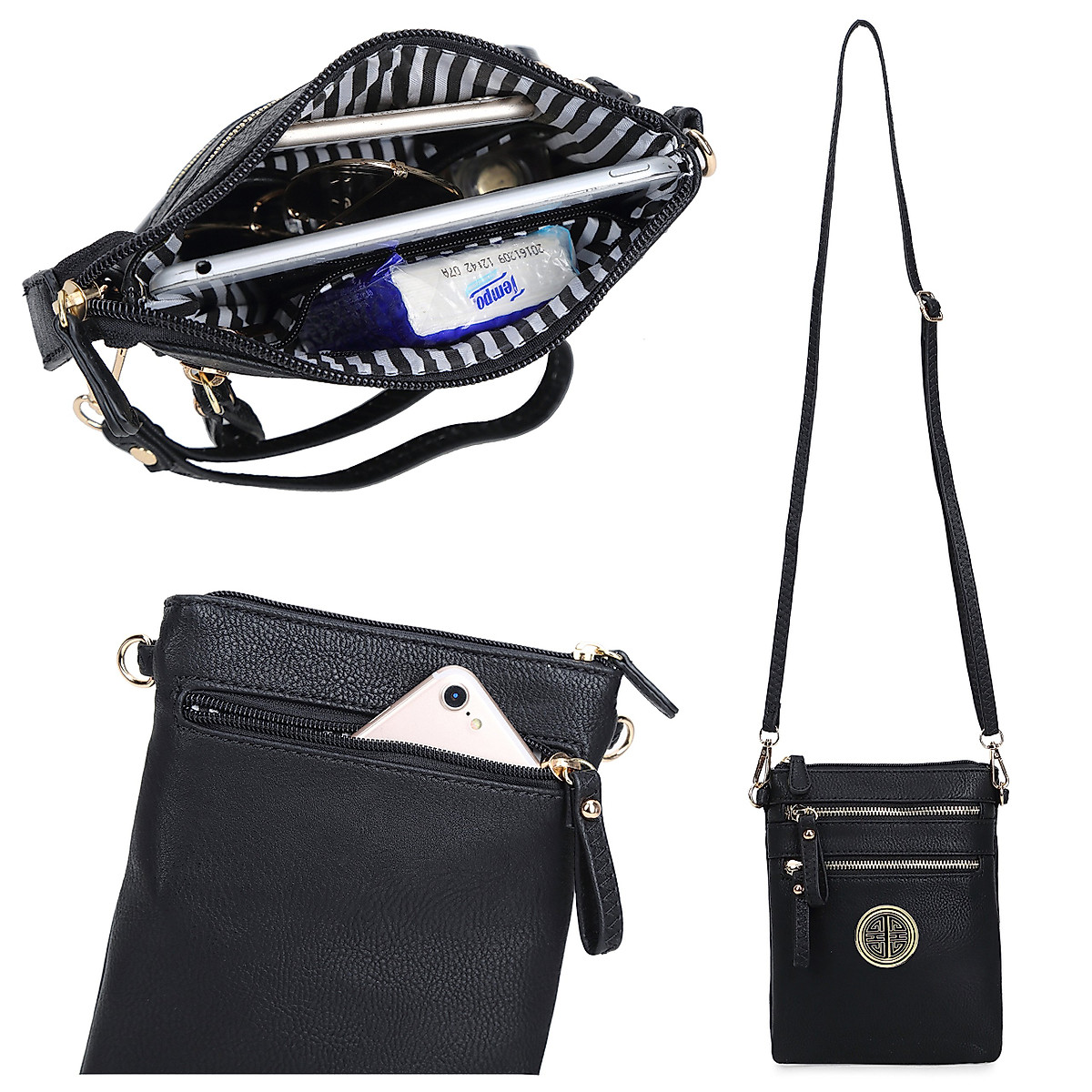 Solene Women's Faux Leather Organizer Multi Zipper Pockets With Detachable Wristlet Crossbody Bag -WU002L (Black)