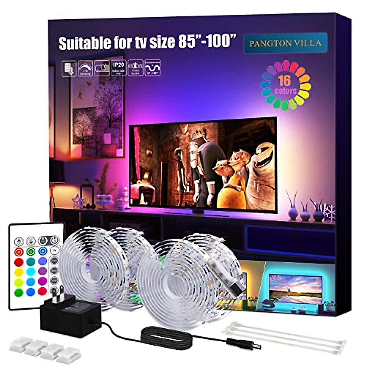 PANGTON VILLA Led Strip Lights 23ft for 85-100in TV, LED TV Backlight Kit with Remote - 16 Color 5050 LEDs Bias Lighting for HDTV