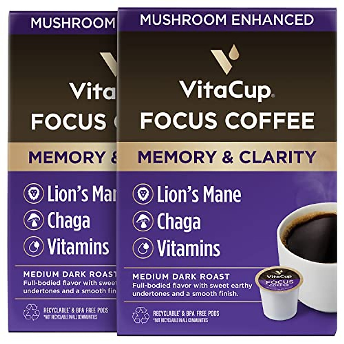 VitaCup Focus Mushroom Coffee Pods, Boost Focus & Immunity w/Lions Mane, Chaga, B Vitamins, D3 for Memory & Clarity, Medium Roast, Recyclable Single Serve Pod Compatible w/Keurig K-Cup Brewers,32 Ct