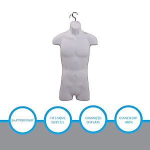 SSWBasics Male Molded Shatterproof White Shapely Torso Form with Hook - Fits Men's Sizes