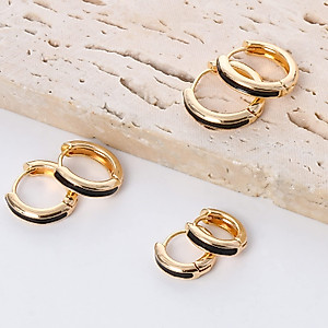 DoreenBox Black Enamel Small Hoop Earrings for Women, 18K Gold Plated Mini Huggie Earrings Hypoallergenic Cartilage Huggie Hoops Boho Jewelry Gift 12mm