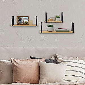 MELANNCO Floating Wall, Wood and Curve Metal Shelves, for Bedroom, Living Room, Kitchen, Nursery, Set of 3, Natural