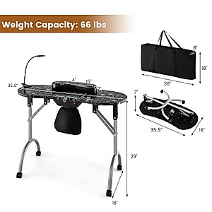 Giantex Nail Table for Nail Tech, Portable Manicure Table with Electric Dust Collector, USB-plug LED Lamp, Wrist Rest, 4 Lockable Wheels, Foldable Nail Desk with Carry Bag (Black)