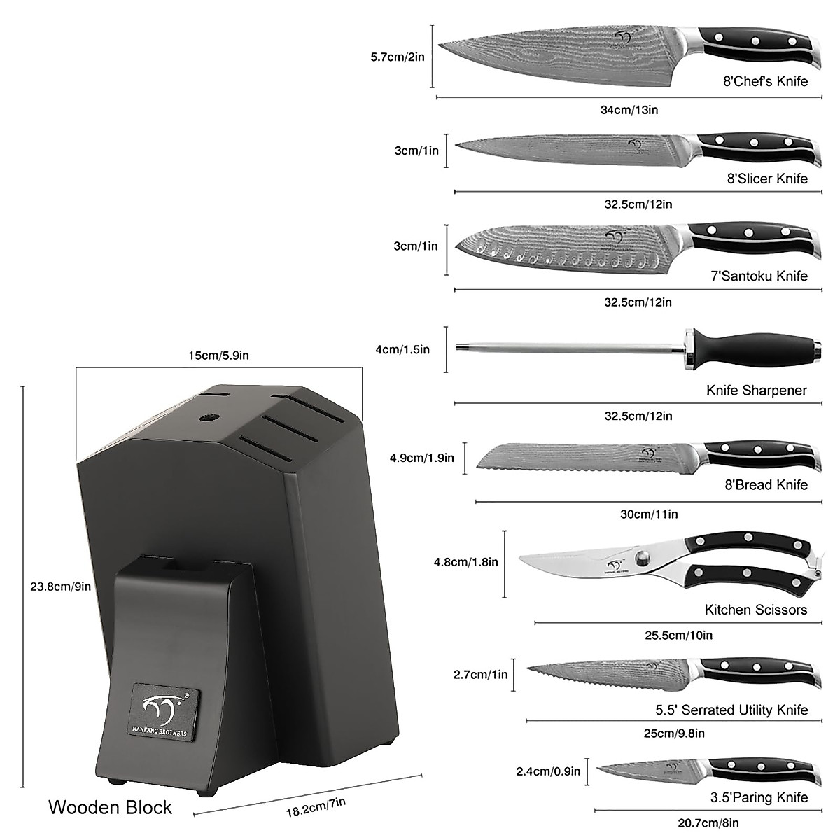 Damascus Kitchen Knife Set with Block, Razor Sharp 67-Layer VG10 Steel and Triple Rivet Handle, Included Chef/Santoku/Utility/Bread/Paring Knives, Sharpener, Kitchen Shears-Natural Wooden Block, 9Pcs