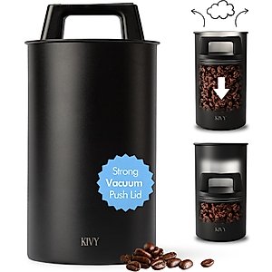 KIVY Vacuum Coffee Canister - Push Lid Preserves Coffee Aroma & Oil - Stainless Steel Airtight Coffee Canister - Coffee Container for Ground Coffee & Coffee Bean Storage - Removes Excess Air
