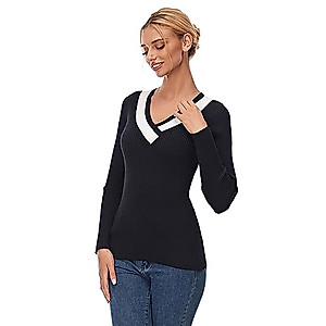 AmélieBoutik Women Casual Color Trim V Neck Long Sleeve Ribbed Sweater Tops (Black and Ivory White X-Large)