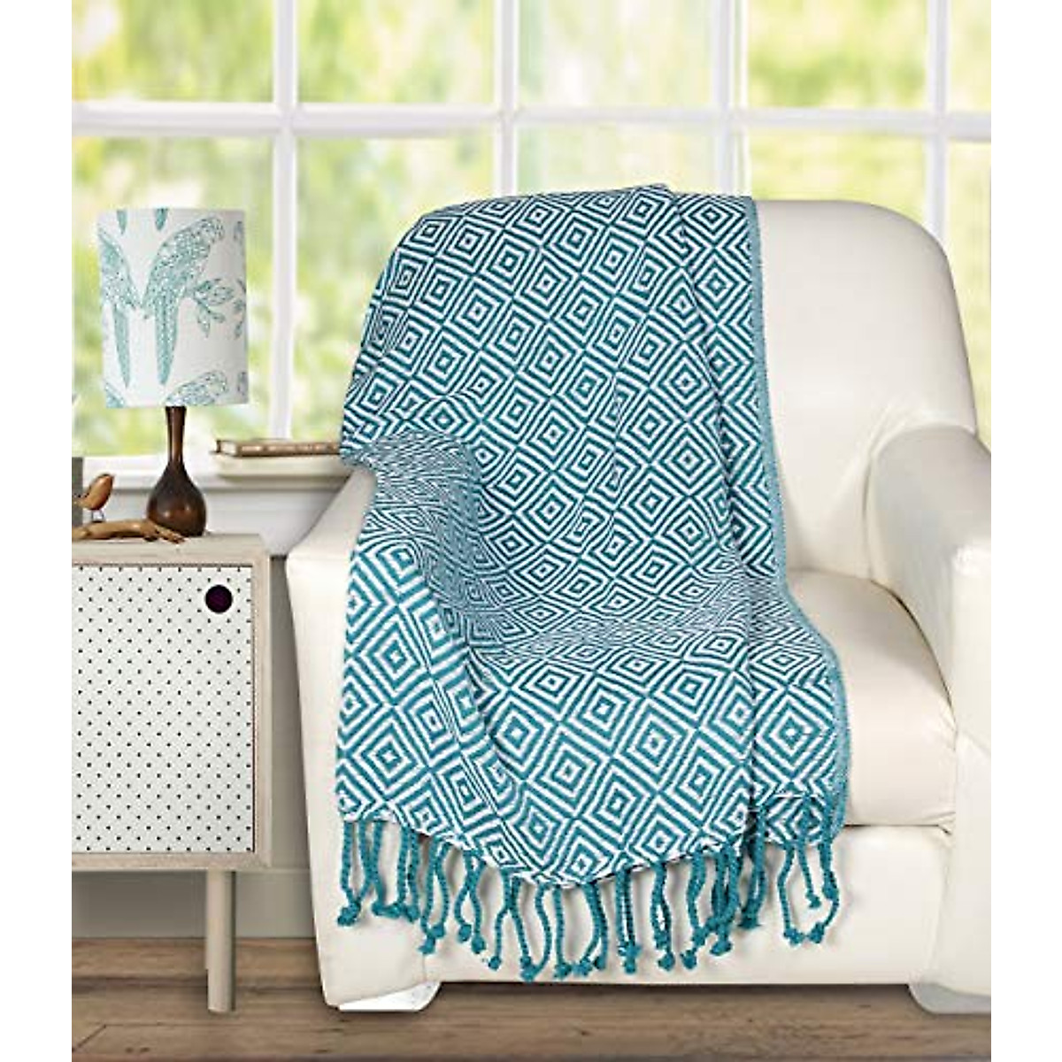 Throw Blanket With Fringes In Diamond Design 50x60 Inch - Teal White Cotton Throw For Sofa, Chair, Bed, & Everyday Use, Well crafted for durability, Farmhouse Throw,All Season Throw Blanket