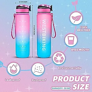 West Biking 32 oz Water Bottle with Time Marker and Straw, Motivational Water Bottles with Clean Brush, Leakproof & BPA Free, Drinking Sports Water Bottle for Fitness Gym Outdoor