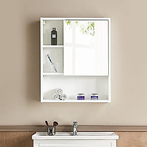 Basicwise Wall Mount Mirrored Cabinet with Open Shelf | 2 Adjustable Shelves Medicine Organizer Storage Furniture for Bathrooms, Kitchens, and Laundry Room, White