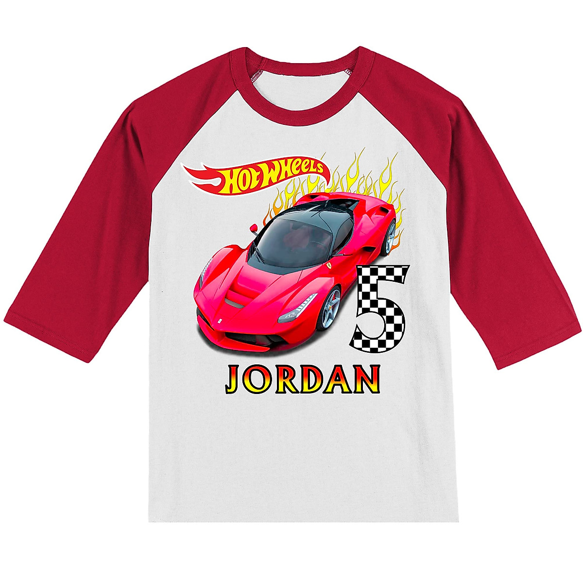 Personalized Hot Race Car Birthday Shirt | Personalized with Name and Age | Unisex 3/4 Sleeve Raglan T-Shirt