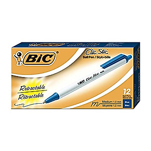BIC® Clic Stic® Retractable Pens, Medium Point, 1.0 mm, White Barrel, Blue Ink, Pack Of 12