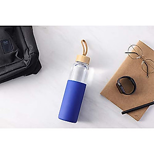 Vucchini Leak Proof Glass Water Bottle With Silicone Sleeve - Borosilicate Glass Sports Water Bottle With Lid - Reusable BPA Free 17oz Blue
