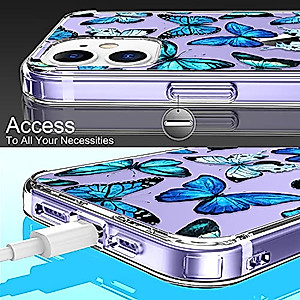 LUHOURI iPhone 12 Case, iPhone 12 Pro Case with Screen Protector, Clear Fashion Design Cover for Women Girls, Slim Fit Protective Phone Case for iPhone 12/12 Pro 6.1" Blue Butterflies Flower