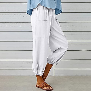 Women's High Waist Style Loose Pants Drawstring Capri Pants with Pockets Wide Leg Ankle Cropped Pants for Women White