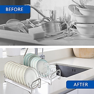 DorineRack Small Dish Drying Rack with Drain Tray, Space Saving Plate Organizer for Kitchen Cabinet,Anti-Rust Stainless Steel Pot Lid Organizer for Kitchen Sink (Single)