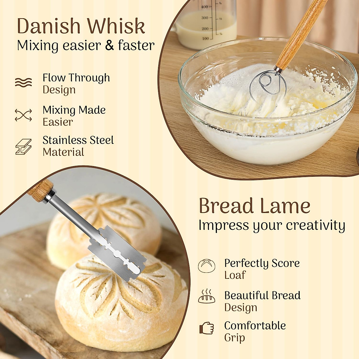 Banneton Bread Proofing Basket Set Sourdough Starter Kit Round 9" Rattan Proofing Basket, 36oz Large Wide Sourdough Starter Jar, Bread Lame, Sourdough Bread Baking Supplies, Banneton Basket Gift Set