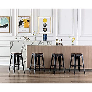 Kmax Industrial Metal Bar Stools Set - Counter Height Bar Stools Chairs Wood Seat Without Backrest Indoor Outdoor, 26", Set of 4, Black