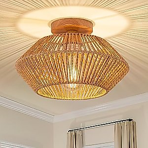 Boho Light Fixtures Rattan Ceiling Light Farmhouse Mini Hand-Woven Cage Flush Mount Chandelier for Bedroom Bathroom Hallway Entryway Living Room