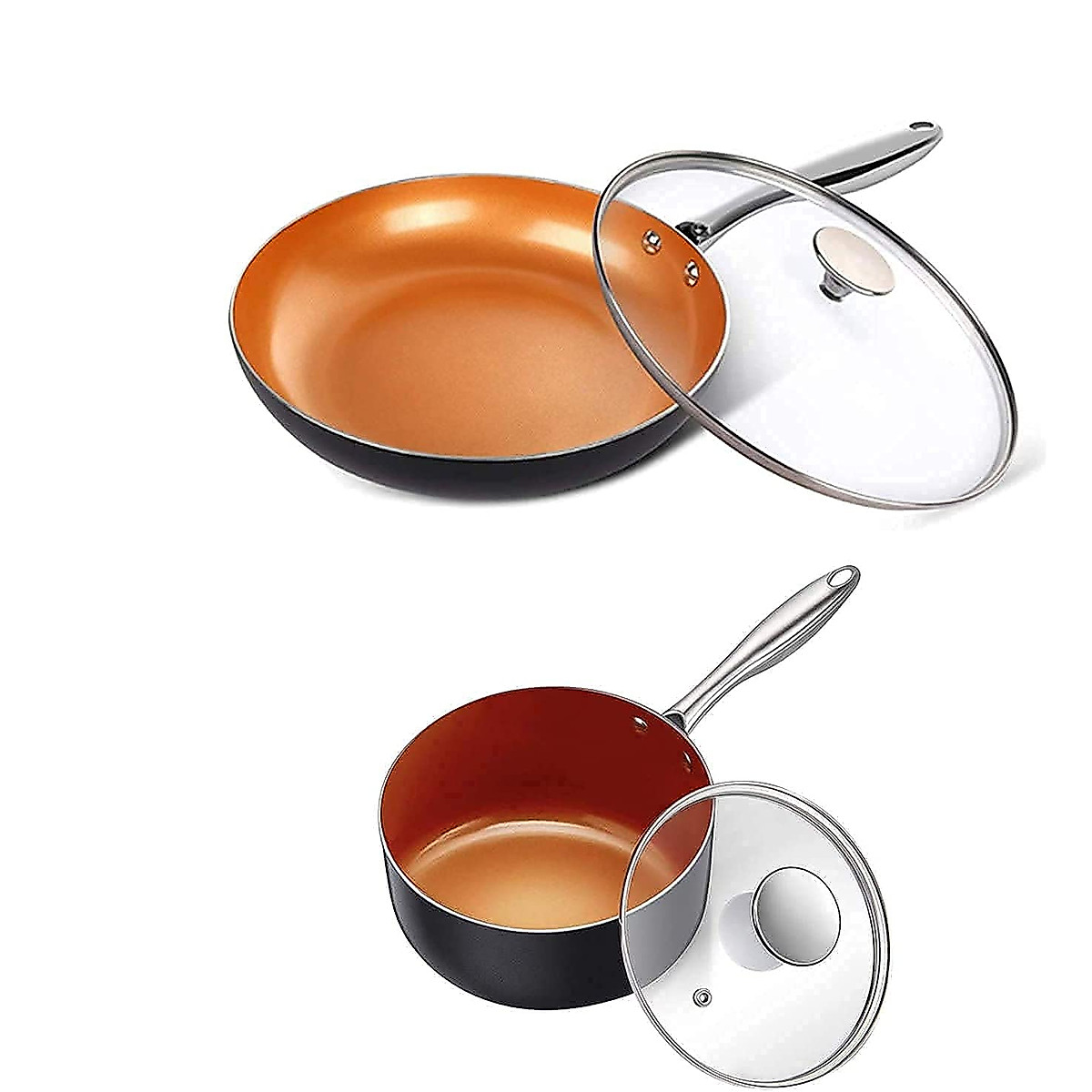 MICHELANGELO 8 Inch Frying Pan + 1 Quart Saucepan with Lid, Ceramic Nonstick Pan Set with Lid, Small Nonstick Coppper Pan Set with Lid and Copper Pot and Pan
