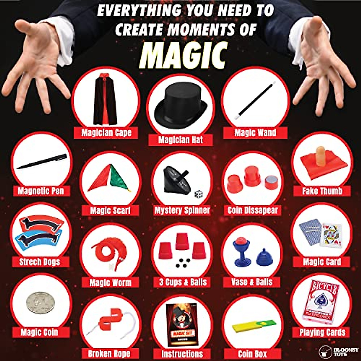 BLOONSY Magic Kit for Kids | Magic Tricks Set for Kids Age 6 8 10 12 | Magician Costume for Pretend Play with Easy to Follow Guide and Video Instructions Included