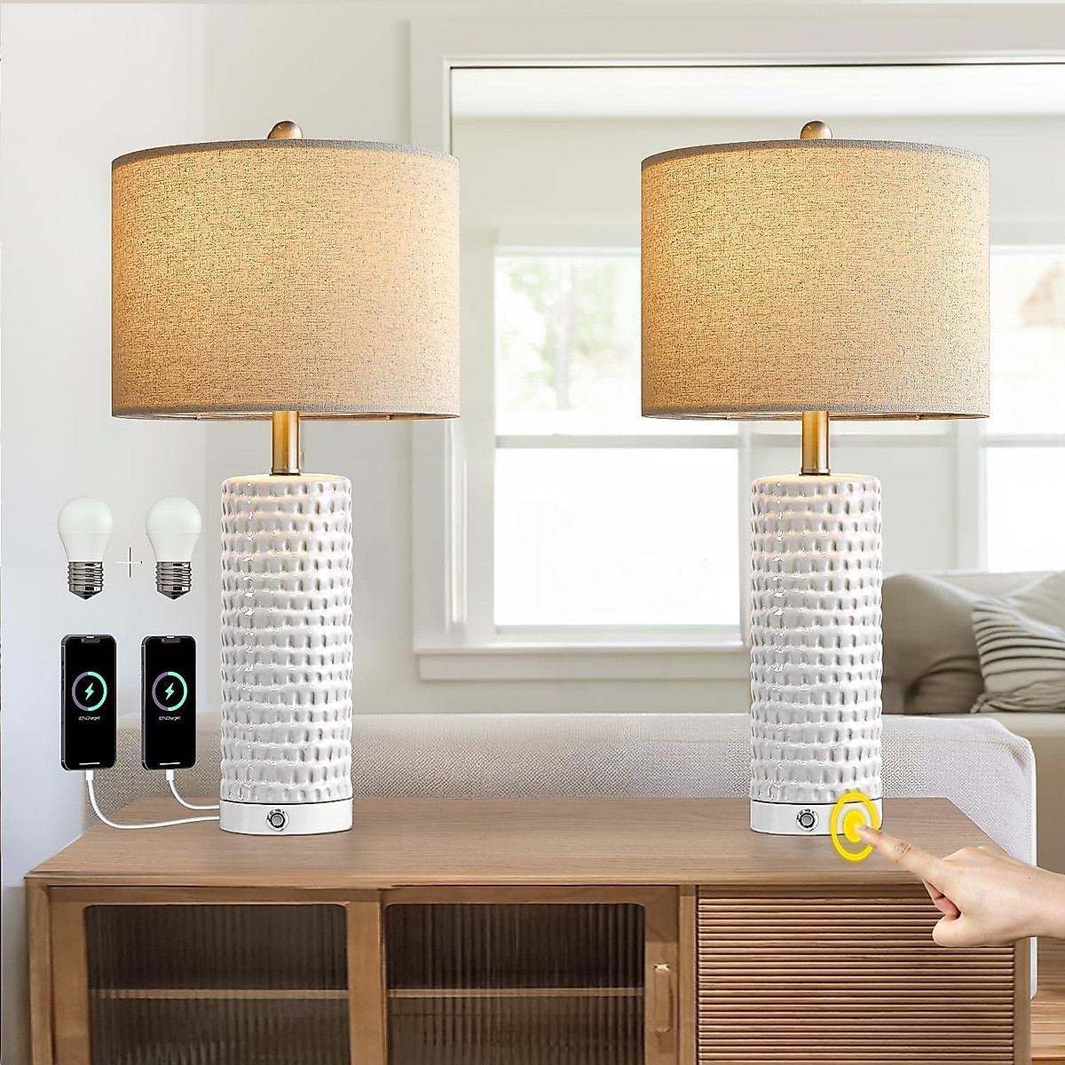 PORTRES 24" Farmhouse 3-Way Dimmable Touch Ceramic Table Lamp Set of 2 for Bedroom White Bedside Lamps with USB A+C Charging Ports for Living Room Nightstand Lamp End Table Lamps