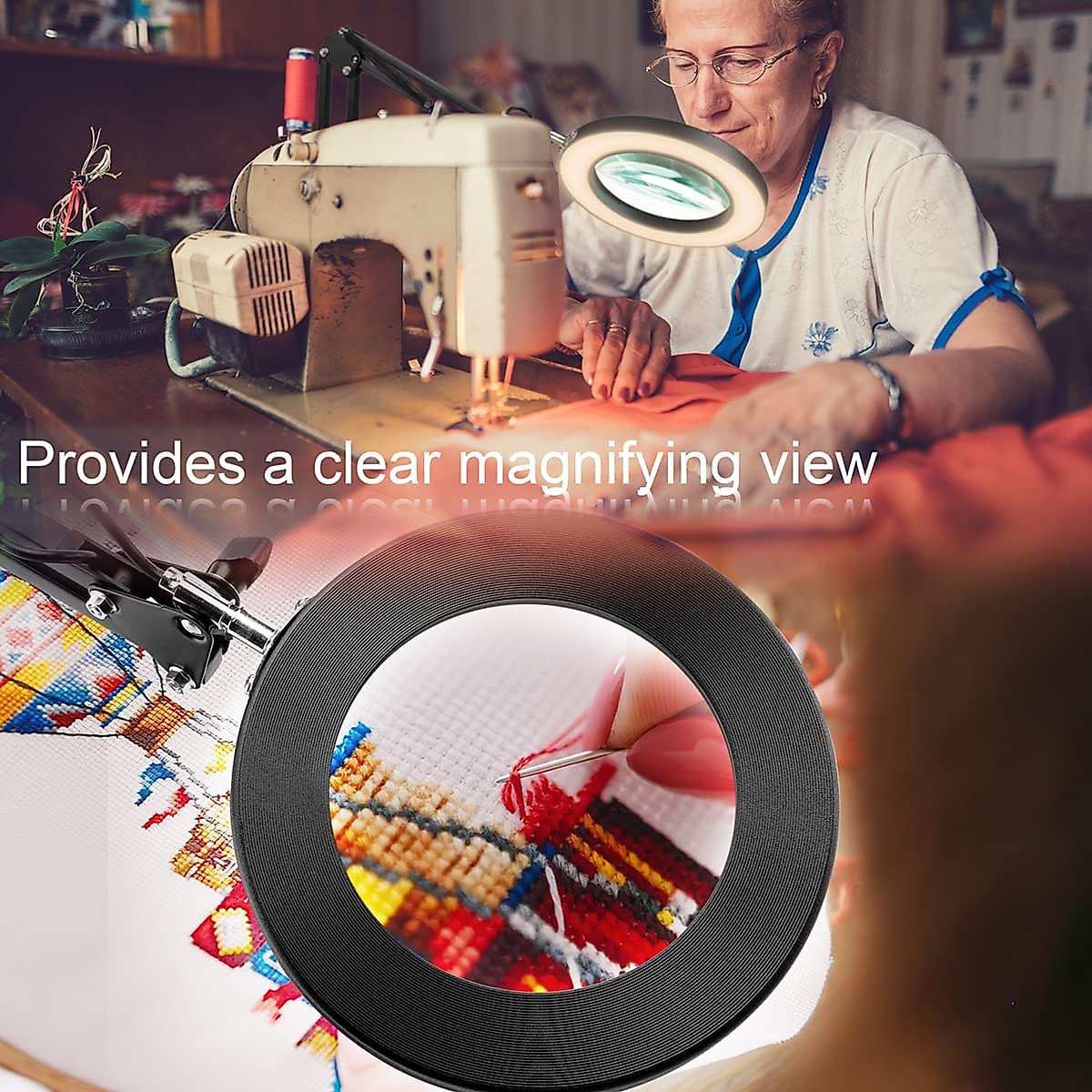 Krstlv 8X Magnifying Glass with Light, Real Glass Lens Desk Lamp & Clamp, 3 Color Modes Stepless Dimmable, Hands Free LED Lighted Magnifier with Light and Stand for Reading Crafts Repair Close Works