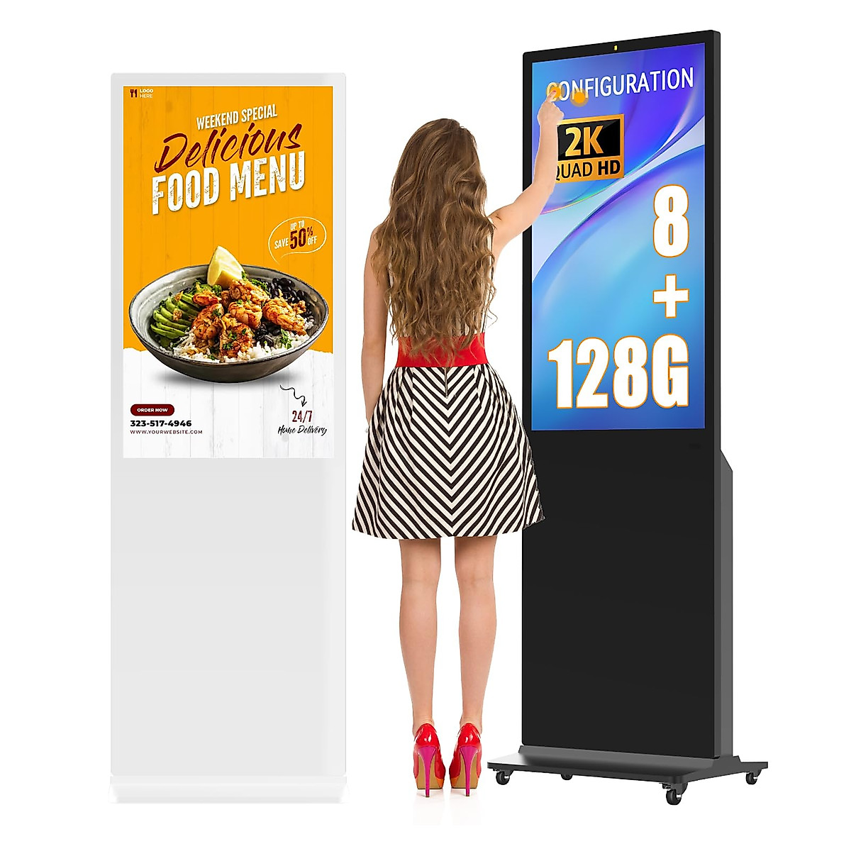 Canlarriz 43 Inch 4K UHD 400nits Touch Screen Movable Floor Standing Digital Signage Commercial Display LCD Monitor Advertising Screen 8-128GB Android 11.0 with HDMI in