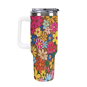ADASGHBY Large Capacity Car Cup with Straw Lid Bright Flower Style Leakproof Insulated Stainless Steel Tumbler Fits in Car Cup Holder