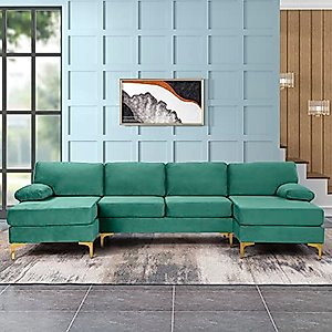 Modern Large Velvet Fabric U-Shape Sectional Sofa, Double Extra Wide Chaise Lounge Couch with Gold Legs