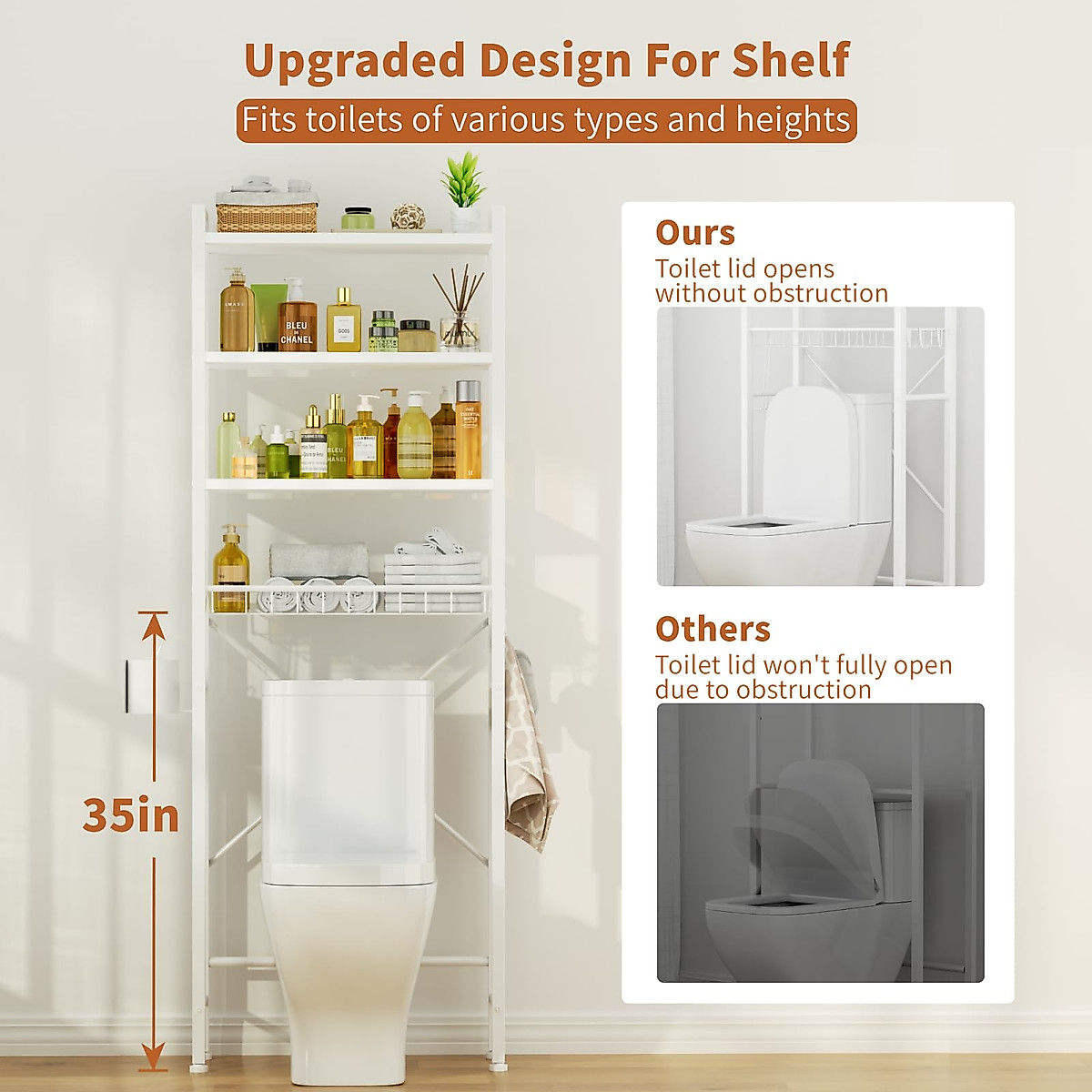 QUJEON Over The Toilet Storage Shelf, Above Toilet Bathroom Shelves with Toilet Paper Holder and 3-Hooks, 4 Tiers Toilet Rack for Bathroom, Fit Most Toilets, (White)