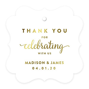 Andaz Press Personalized Fancy Frame Square Wedding Gift Tags, Metallic Gold Ink, Thank You for Celebrating with US, 24-Pack, Custom Made Any Name, Gold Stationery