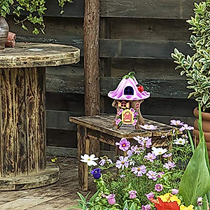 Trasfit Fairy Garden Statue House Figurine, Lovely Purple Flowers Tree House with Solar LED Lights for Indoor Outdoor Patio Yard Lawn Ornaments Gift (Purple Flowers Tree House)