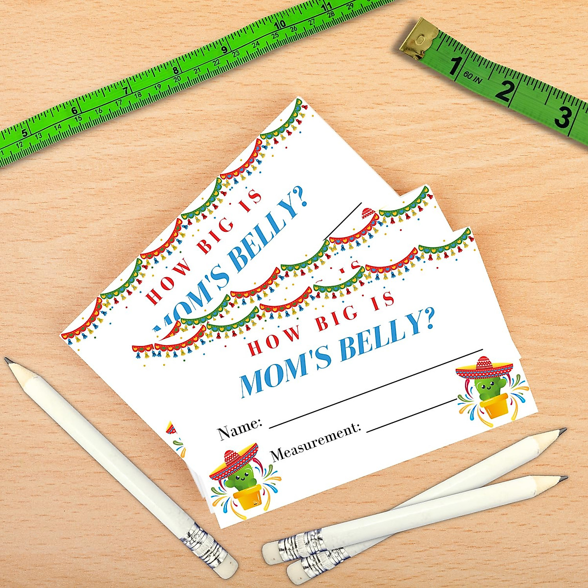 WillaBees Measure Mommys Belly Baby Shower Game How Big is Mom's 64 Piece Fiesta Cactus Games Includes Sign 50 Playing Cards 10 Pencils 3 Measuring Tape Sprinkle, MultiColor