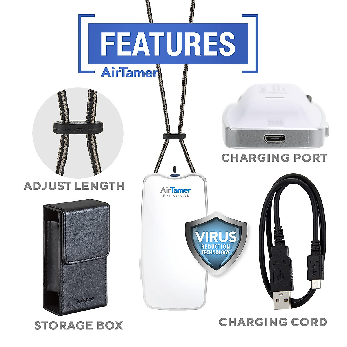 AirTamer A310 Rechargeable Personal Air Purifier, Proven Performance, Virus and Pollutant Tested*, White with Leather Travel Case