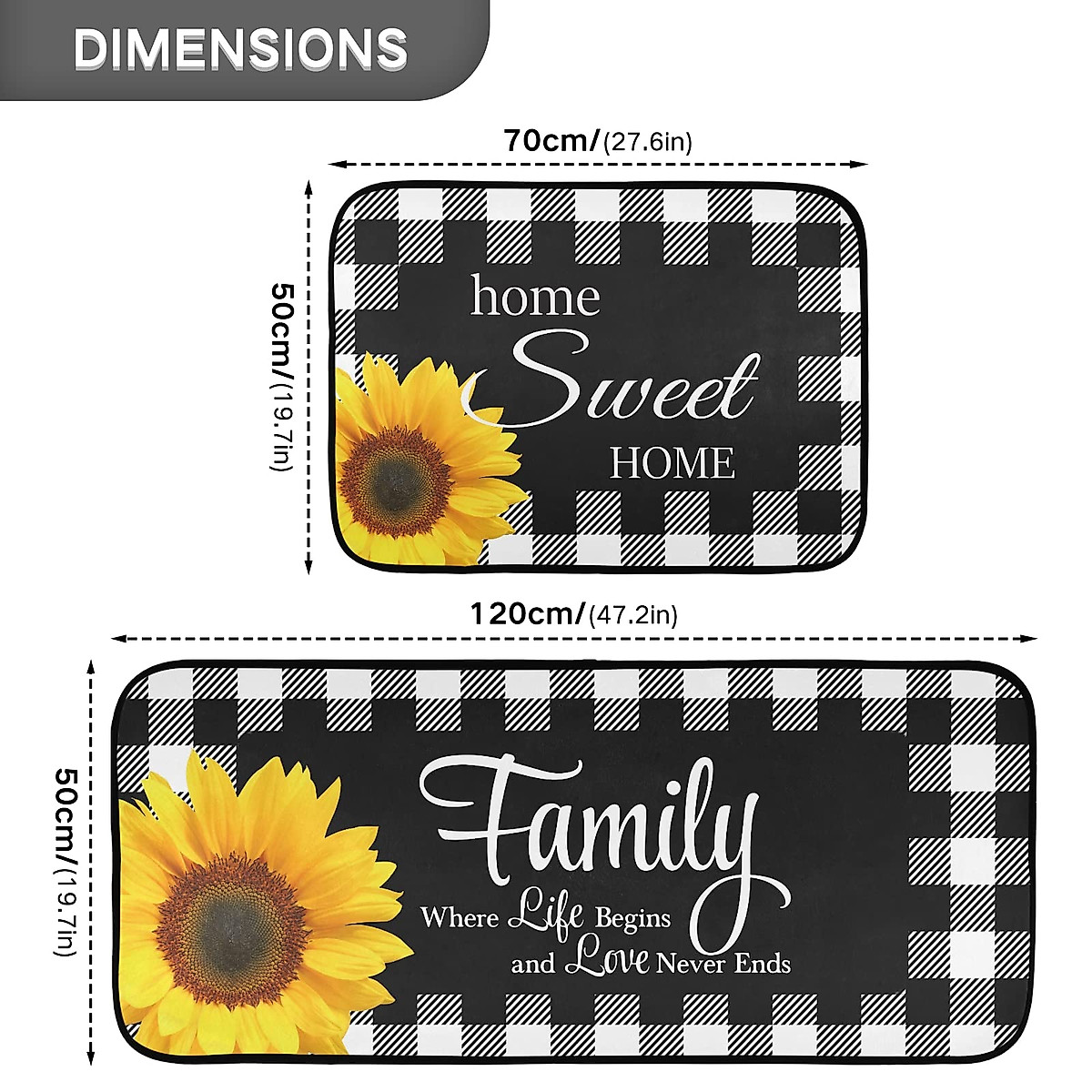 Black White Buffalo Plaid Check Sunflower Kitchen Rugs and Mats Set of 2 Non Slip Kitchen Floor Mats Comfort Standing Desk Mat for Doormat Bathroom Bedroom Runner Area Rug for Home Decor Washable