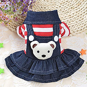 POPETPOP Denim Dog Dress - Cute Red Stripe Plush Bear Cowboy Pet Skirt, Pet Clothes for Small Medium Large Dogs Puppy, Pet Costumes