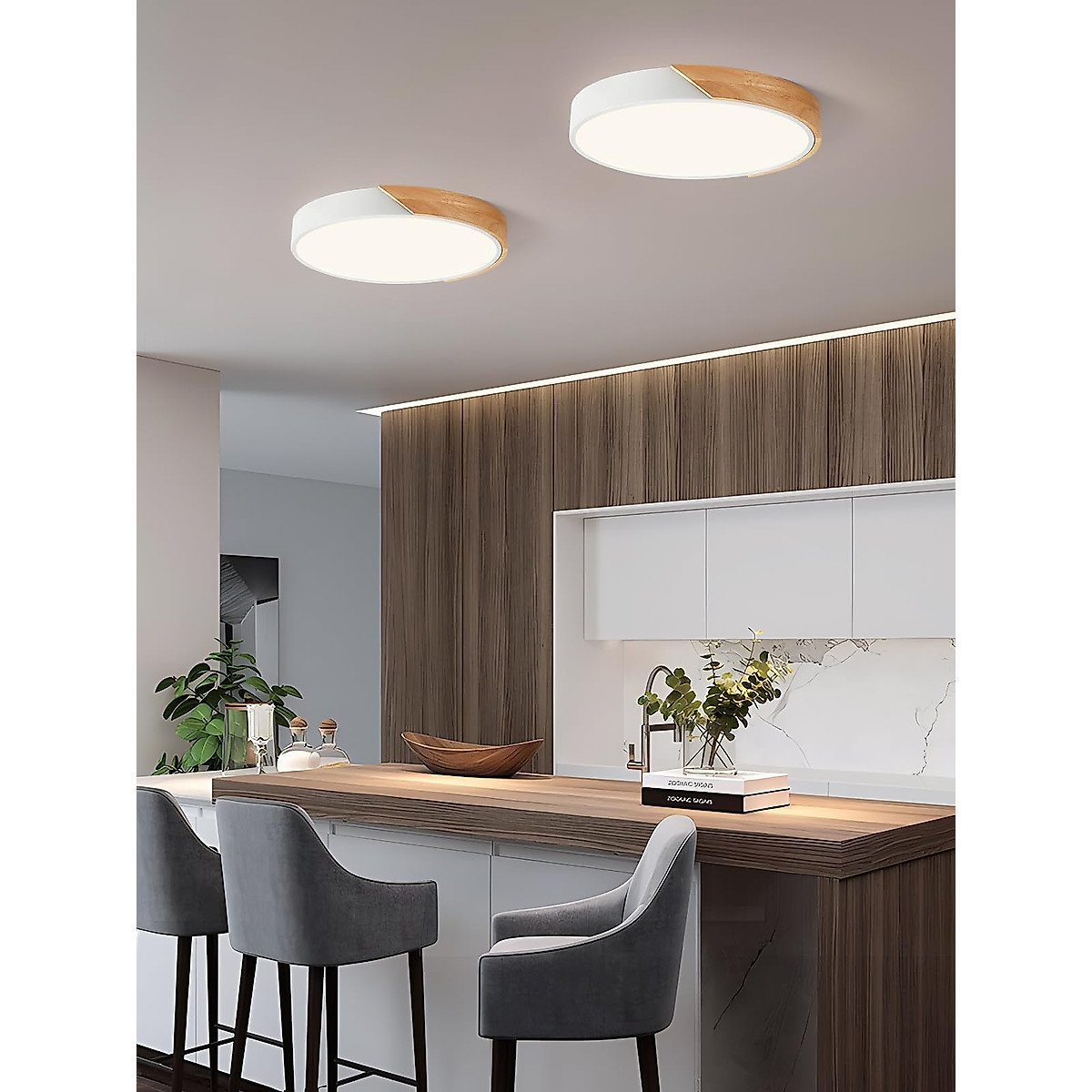 Peblto Modern Dimmable White LED Ceiling Light, 2700K-6000K 5CCT Wood Flush Mount Ceiling Lighting Fixtures, Minimalist Round Ceiling Lamp for Living Room Bedroom Kitchen Hallway